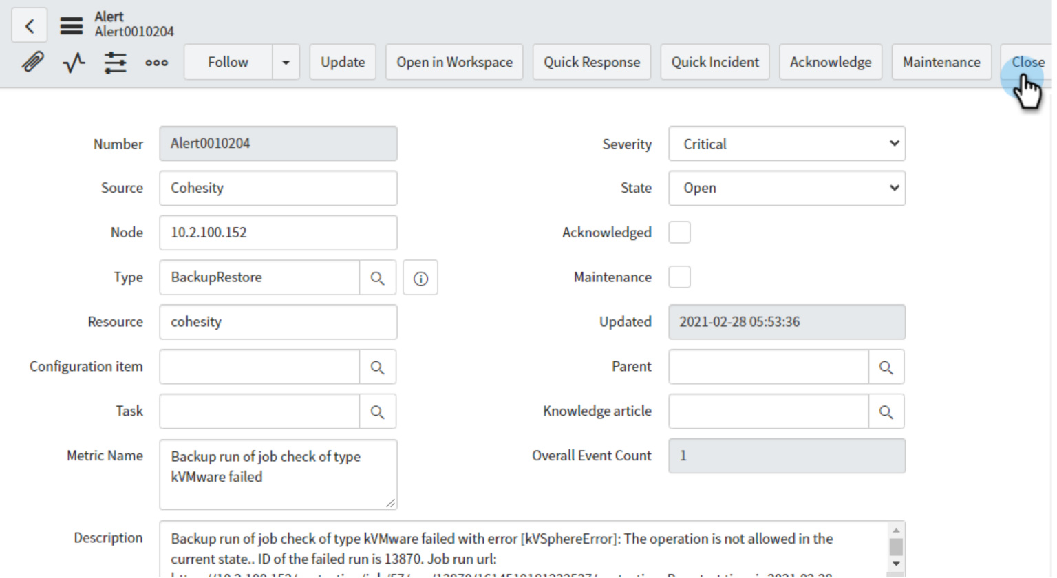Manage Cohesity Alerts in ServiceNow Event Management | Cohesity